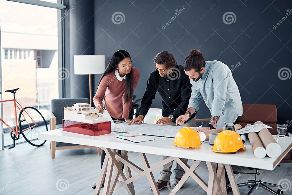 Architecture, Teamwork and Blueprint with Planning in Office for Design Layout, Floor Plan or ...