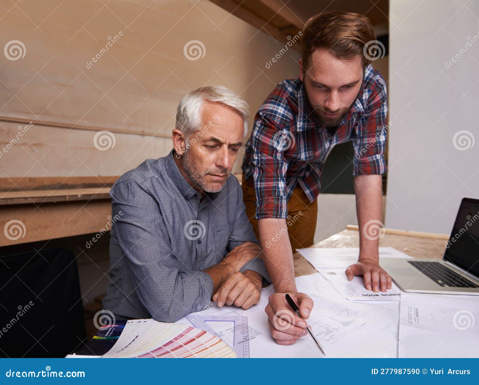 Architecture, Teamwork and Men with Blueprint in Workshop for Building ...