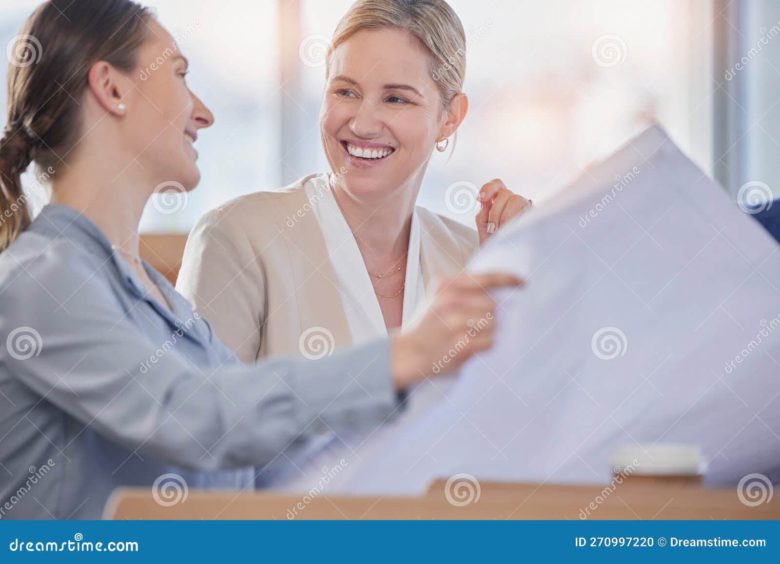 Architecture, Teamwork and Women with Blueprint in Meeting for Planning ...