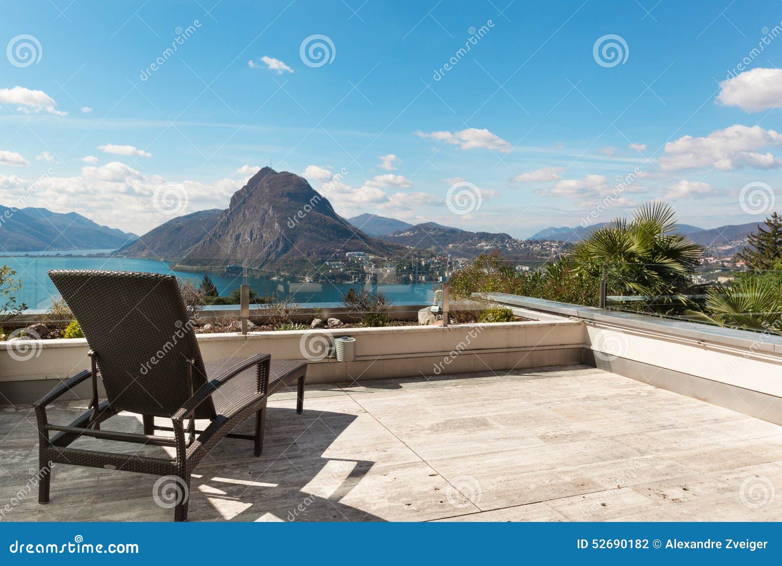 Architecture, Terrace with Lake View Stock Photo - Image of sunbed ...