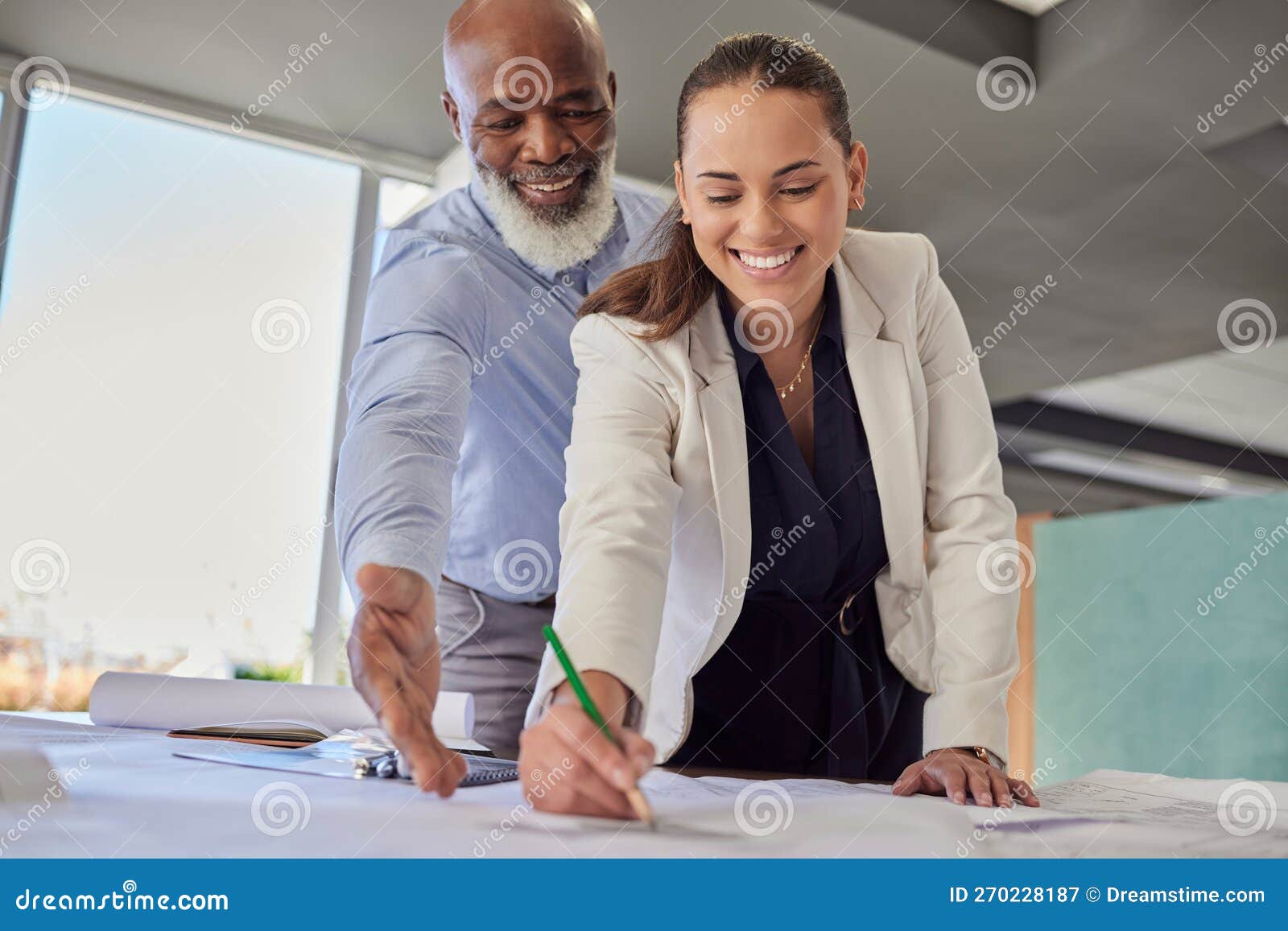 Architecture, Writing and Business People with Blueprint, Illustration ...