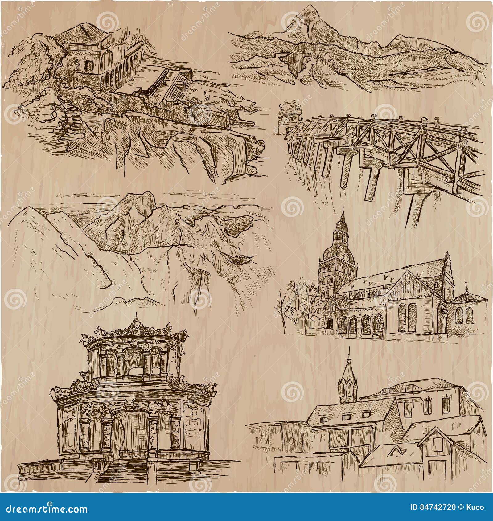 Architektur - Ein Hand Gezeichneter Vektorsatz, Sammlung Vektor ...