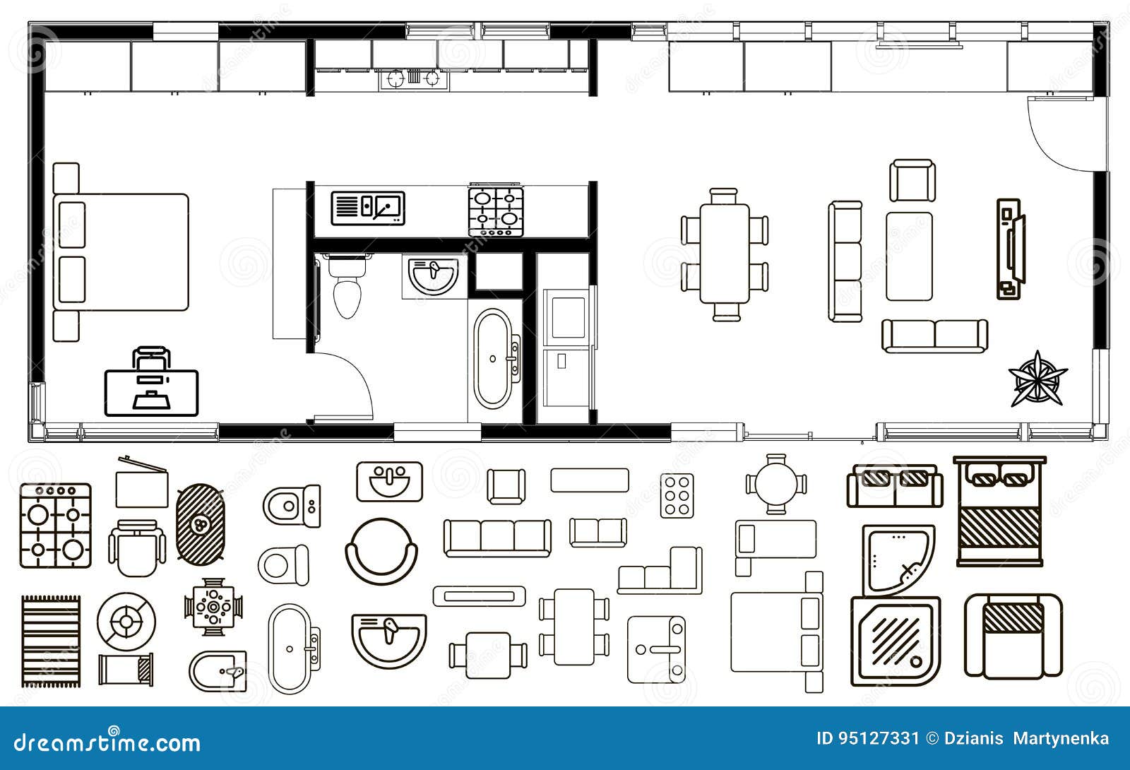 Architekturplan in Der Draufsicht Vektor Abbildung - Illustration von möbel, badezimmer: 95127331