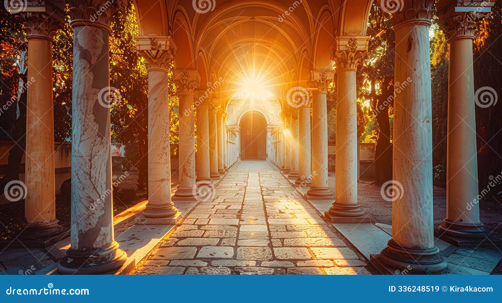 An Archway with Columns on a Stone Walkway. the Sun is Shining through ...