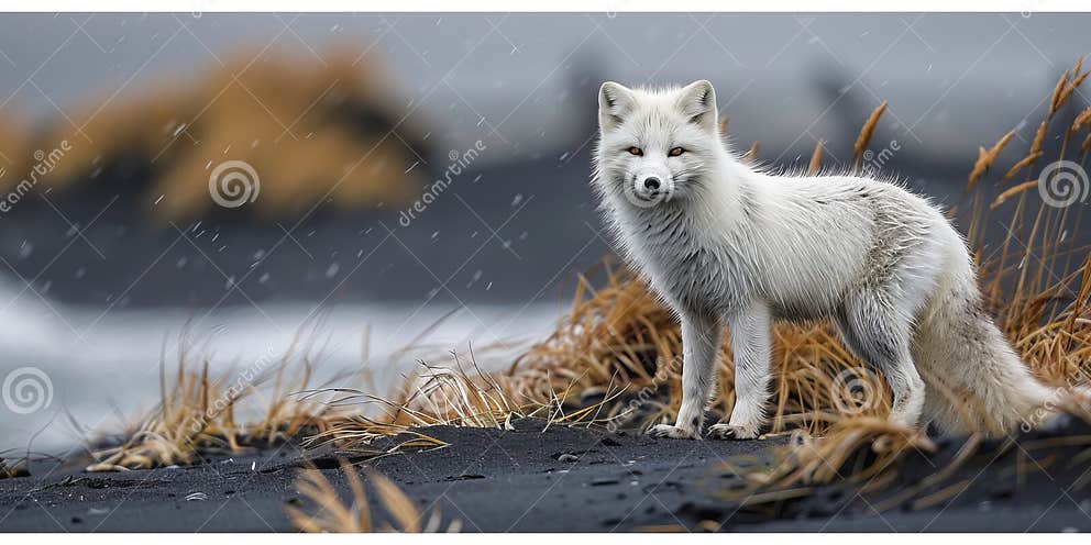 Arctic Fox on Black Sand Shoreline Stock Image - Image of polar, vulpes ...