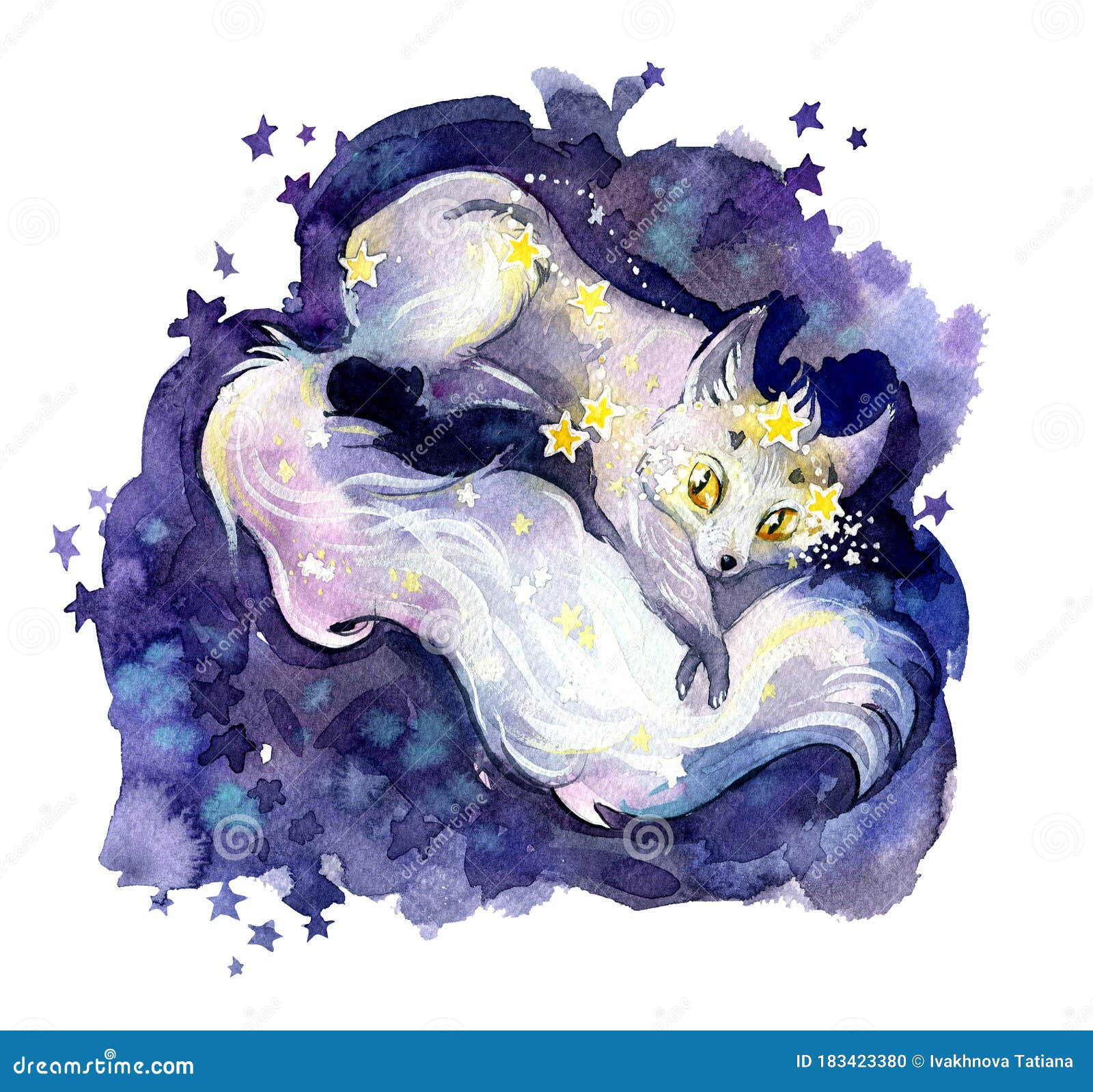 Arctic Fox and Fox Constellation in the Night Sky. Watercolor ...