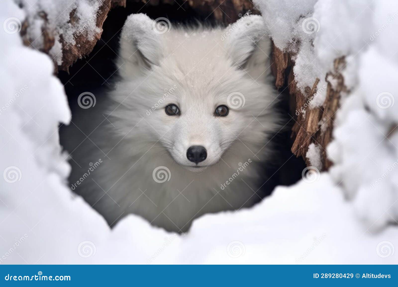 Arctic Fox Peeking Out from Snow-covered Den Stock Image - Image of ...