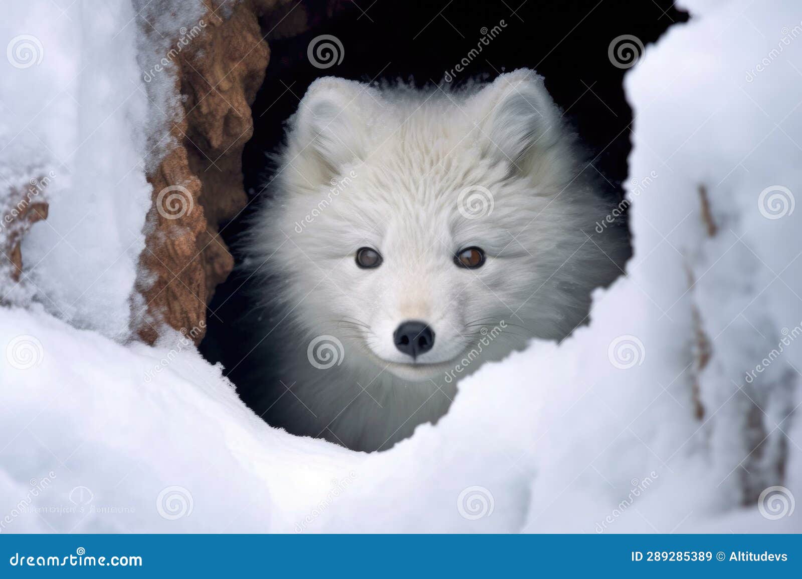 Arctic Fox Peeking Out from Snow-covered Den Stock Image - Image of ...