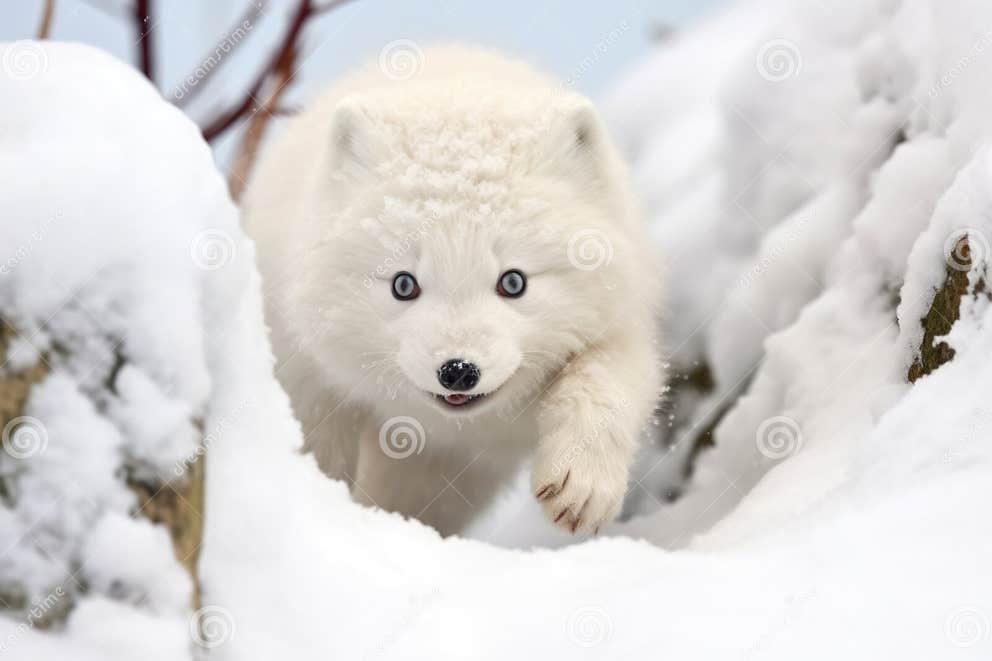 Arctic Fox Pouncing on a Hidden Burrow in Snow Stock Photo - Image of ...