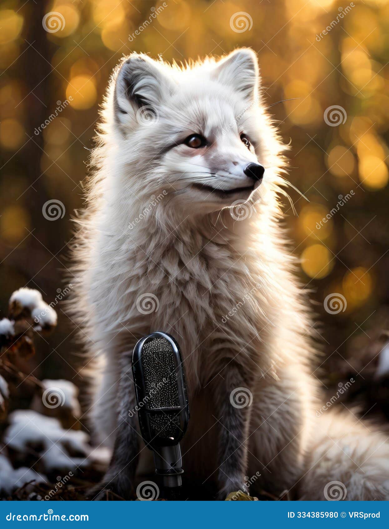 Arctic Fox Standing with Microphone in Golden Forest Stock Photo ...