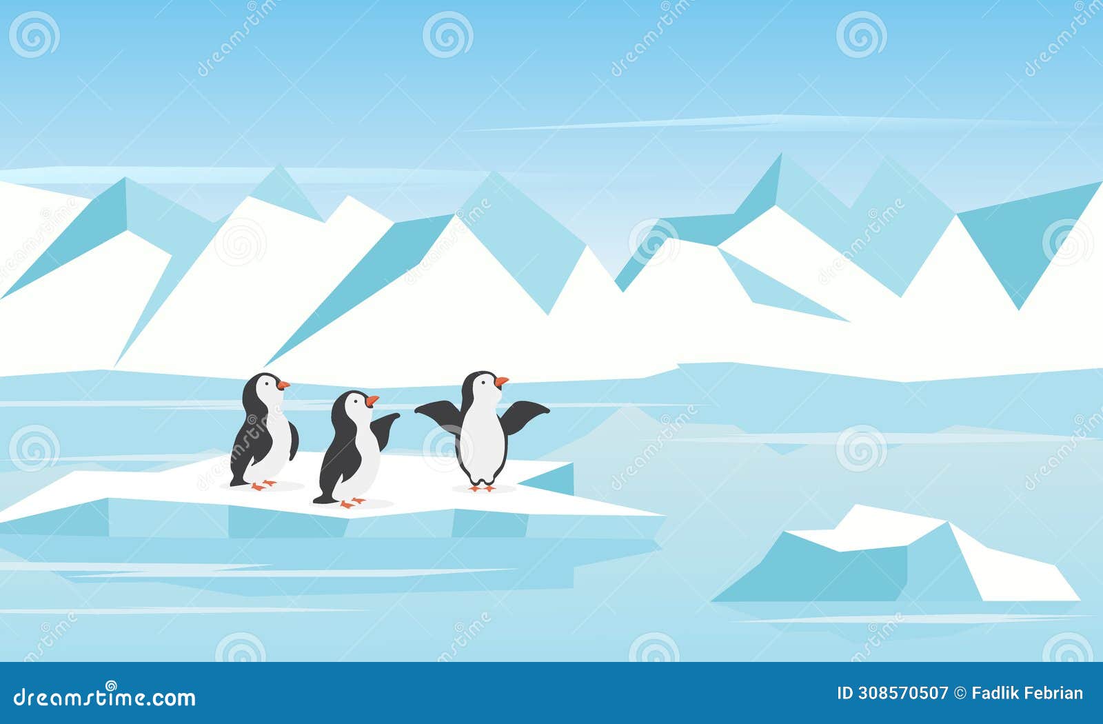Arctic Landscape with Penguins, Iceberg, and Snow. Vector Illustration ...