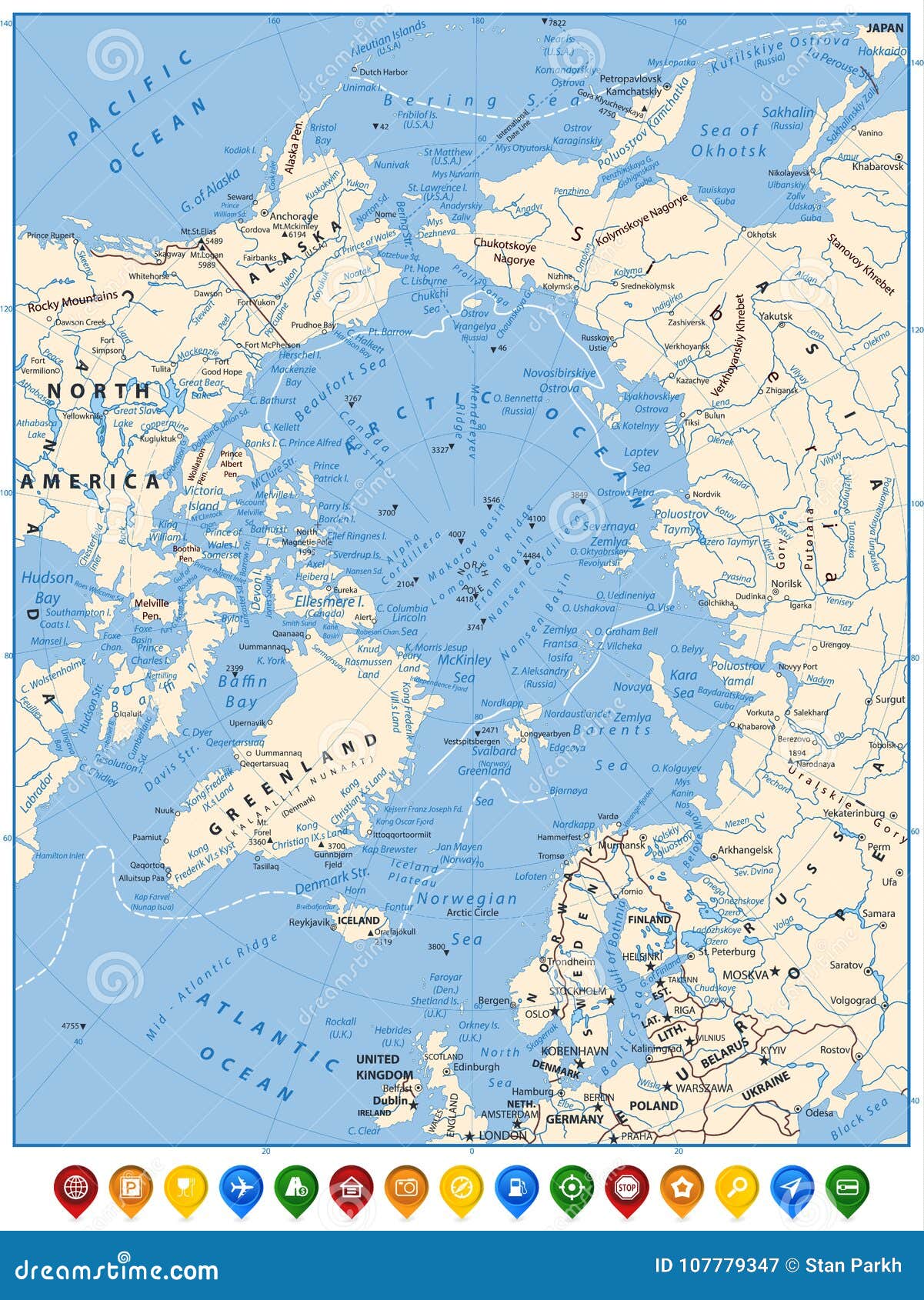 Arctic Ocean Political Map and Flat Map Pointers Stock Vector ...