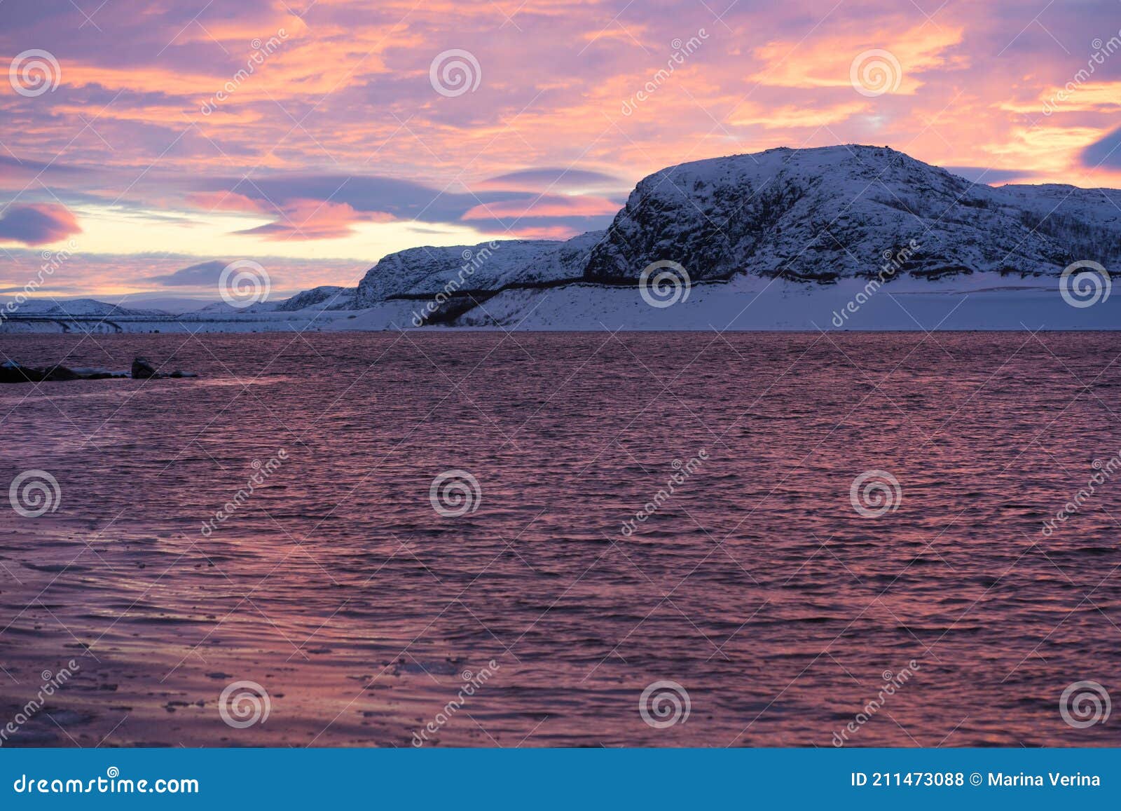 Arctic ocean at red sunset stock photo. Image of tourism - 211473088