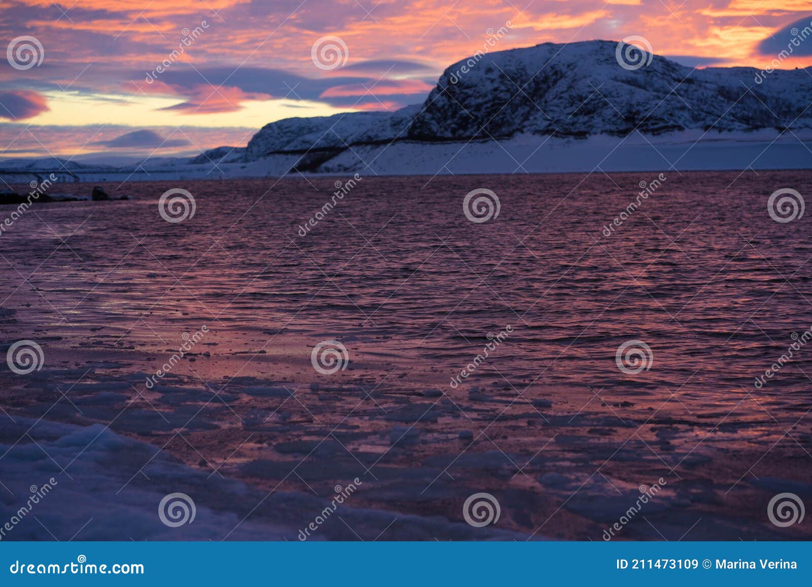 Arctic ocean at red sunset stock image. Image of season - 211473109