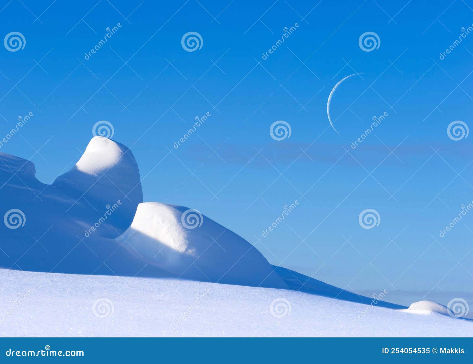 Arctic Winter Landscape, Crescent Moon in the Blue Sky Stock Image ...
