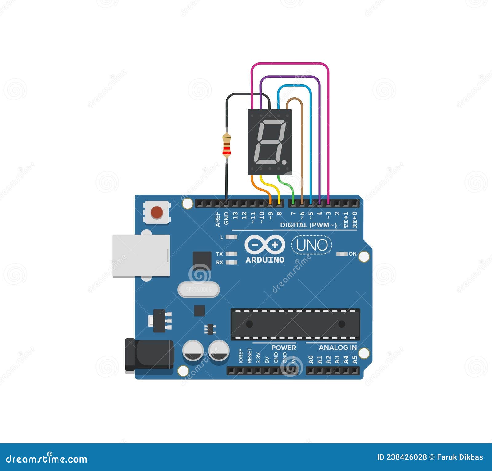Arduino Uno One Digit 7 Segment Display Arduino Project Stock Illustration Illustration Of