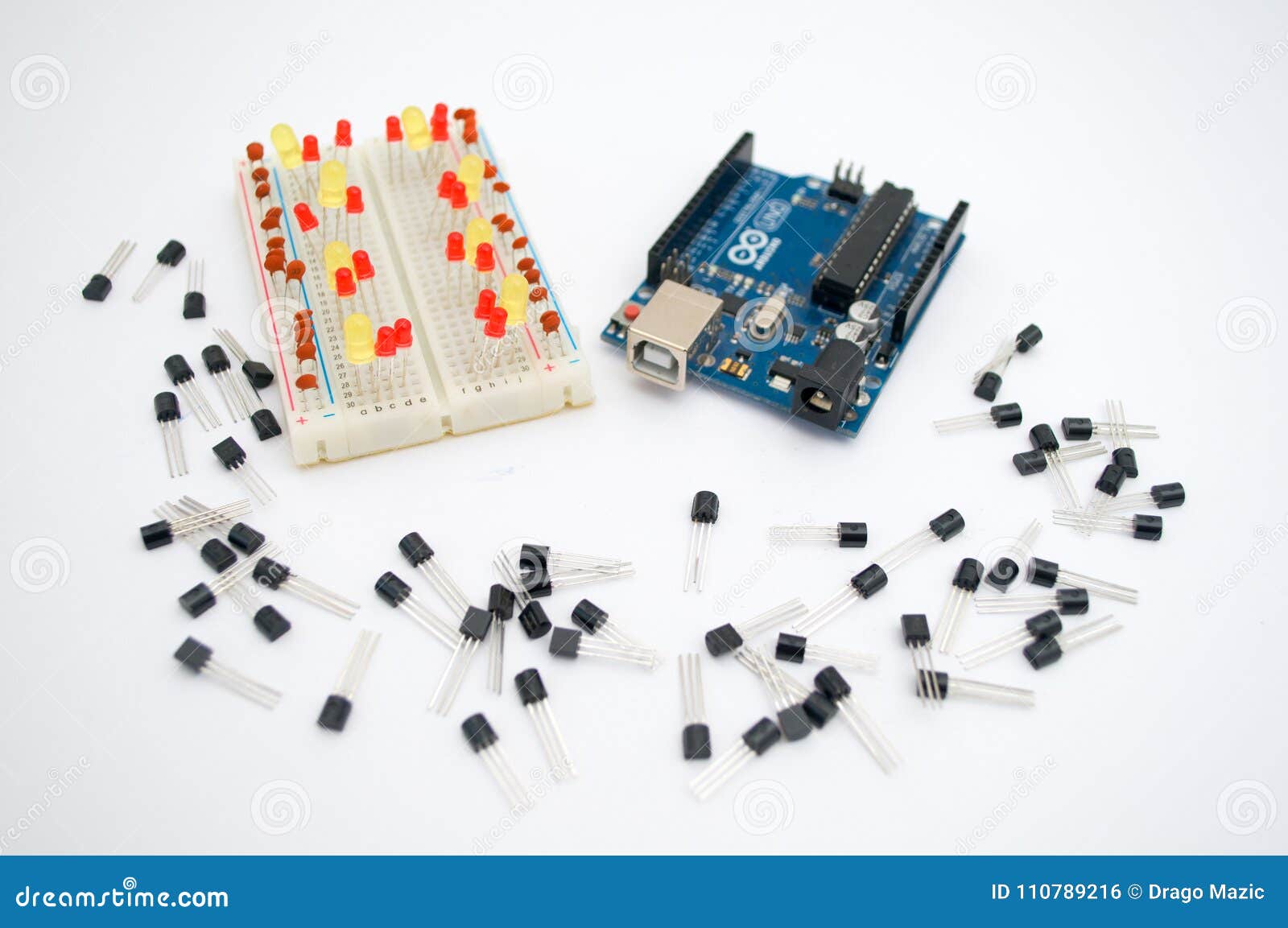 Arduino, Transistors, Protoboard with LED Lined Up Stock Photo - Image ...