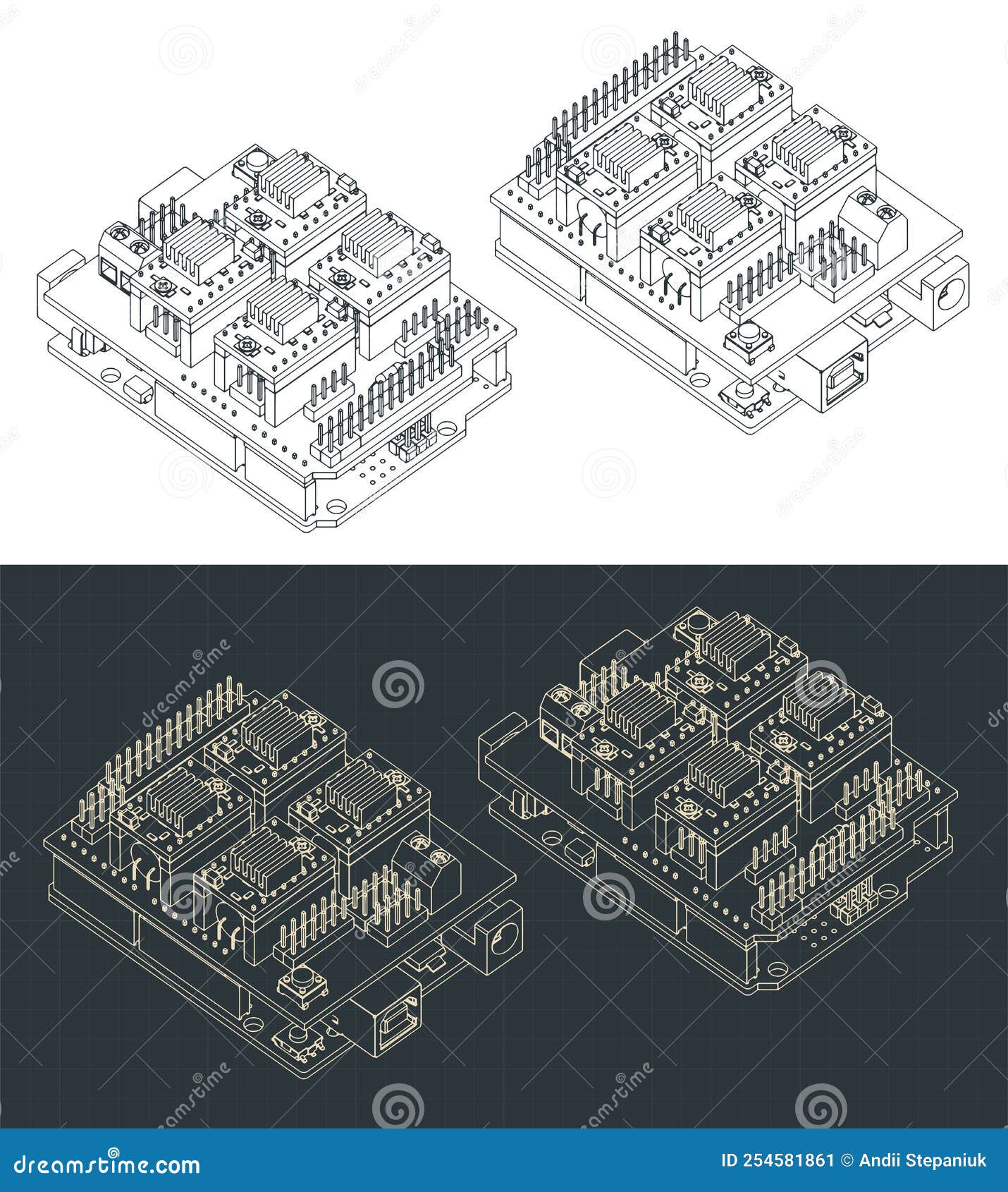 Arduino Uno And Cnc Shield Isometric Blueprints Cartoon Vector 254581861