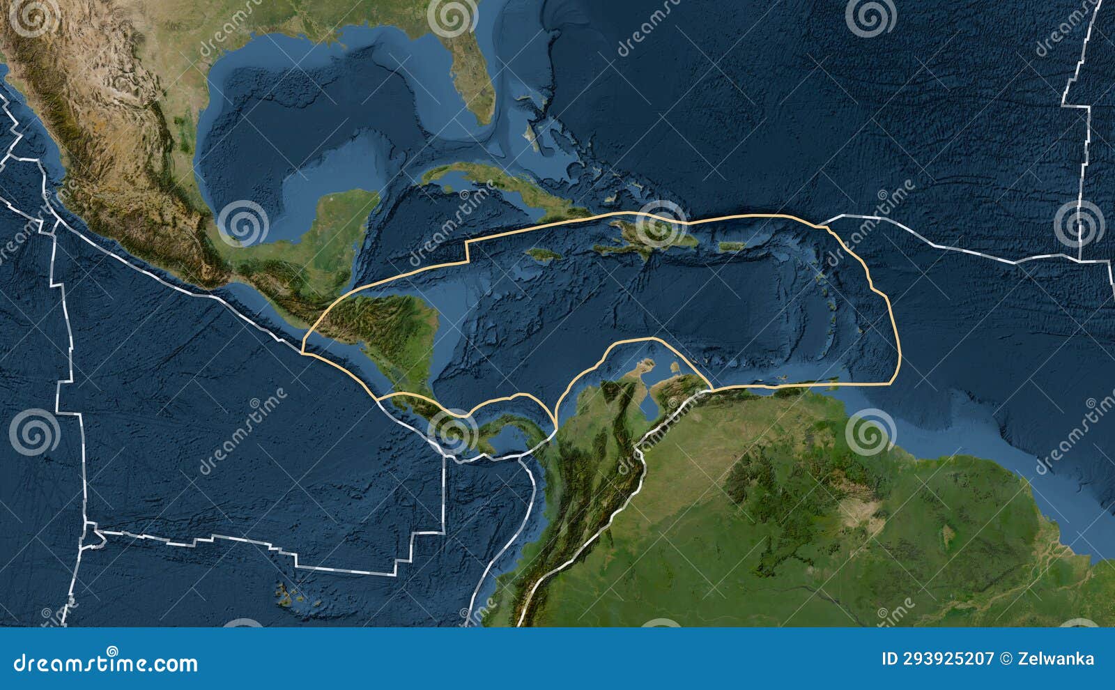 Caribbean Plate Outlined. Patterson Cylindrical. Satellite Stock ...