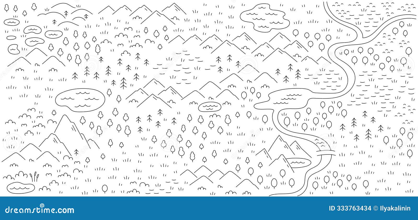 Area Map Sketch Nature. Mountain River and Forest. Vector Editable ...