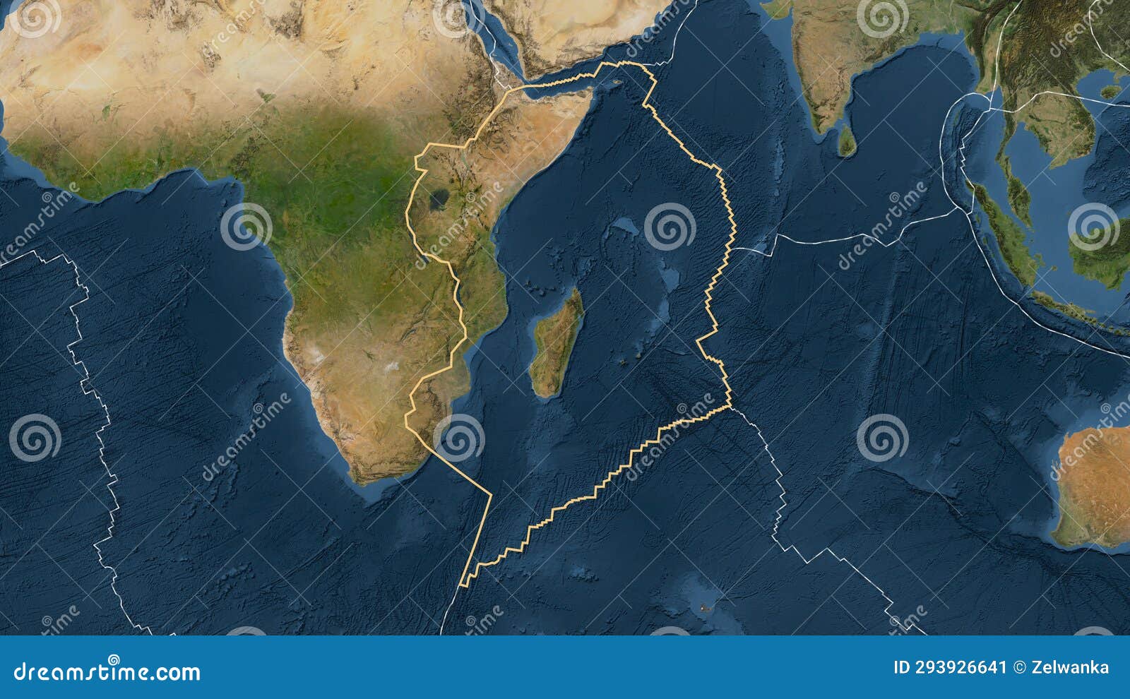 Somalian Plate Outlined. Patterson Cylindrical. Satellite Stock ...