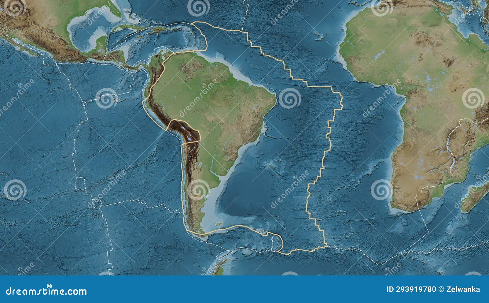 South American Plate Outlined. Patterson Cylindrical. Topografic Stock ...