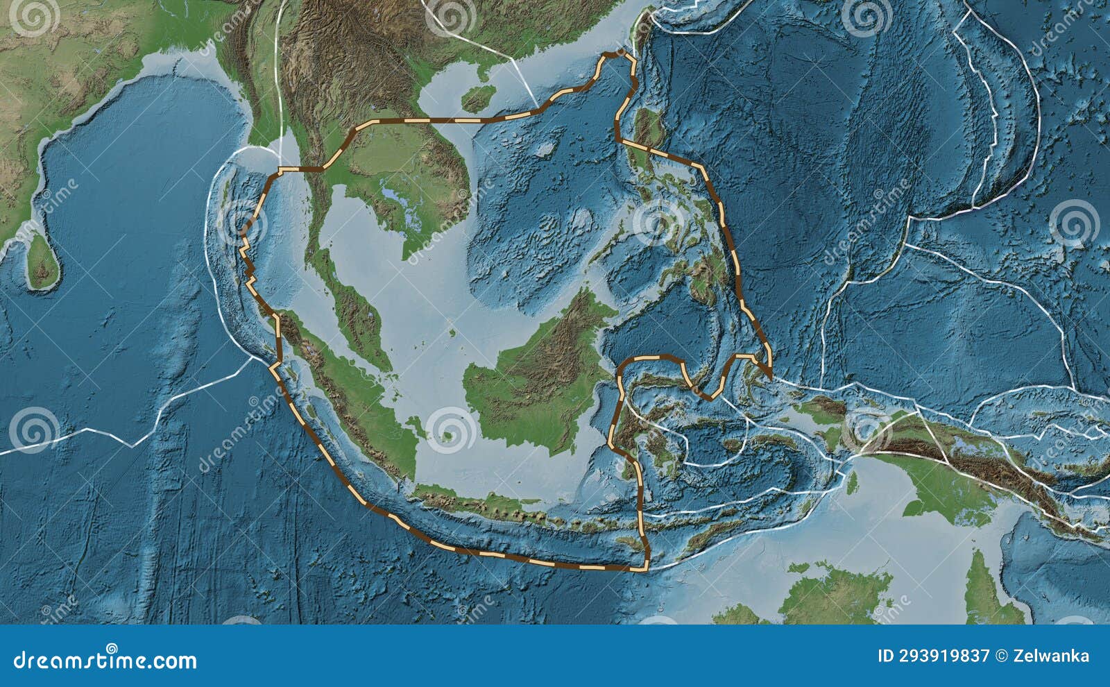 Sunda Plate Dashed. Patterson Cylindrical. Topografic Stock ...