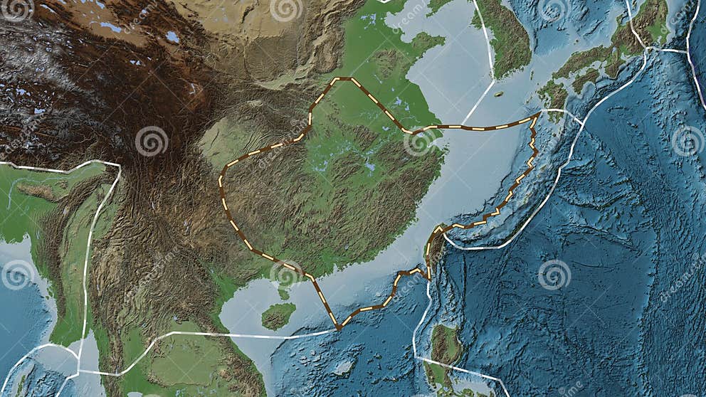 Yangtze Plate Dashed. Patterson Cylindrical. Topografic Stock ...