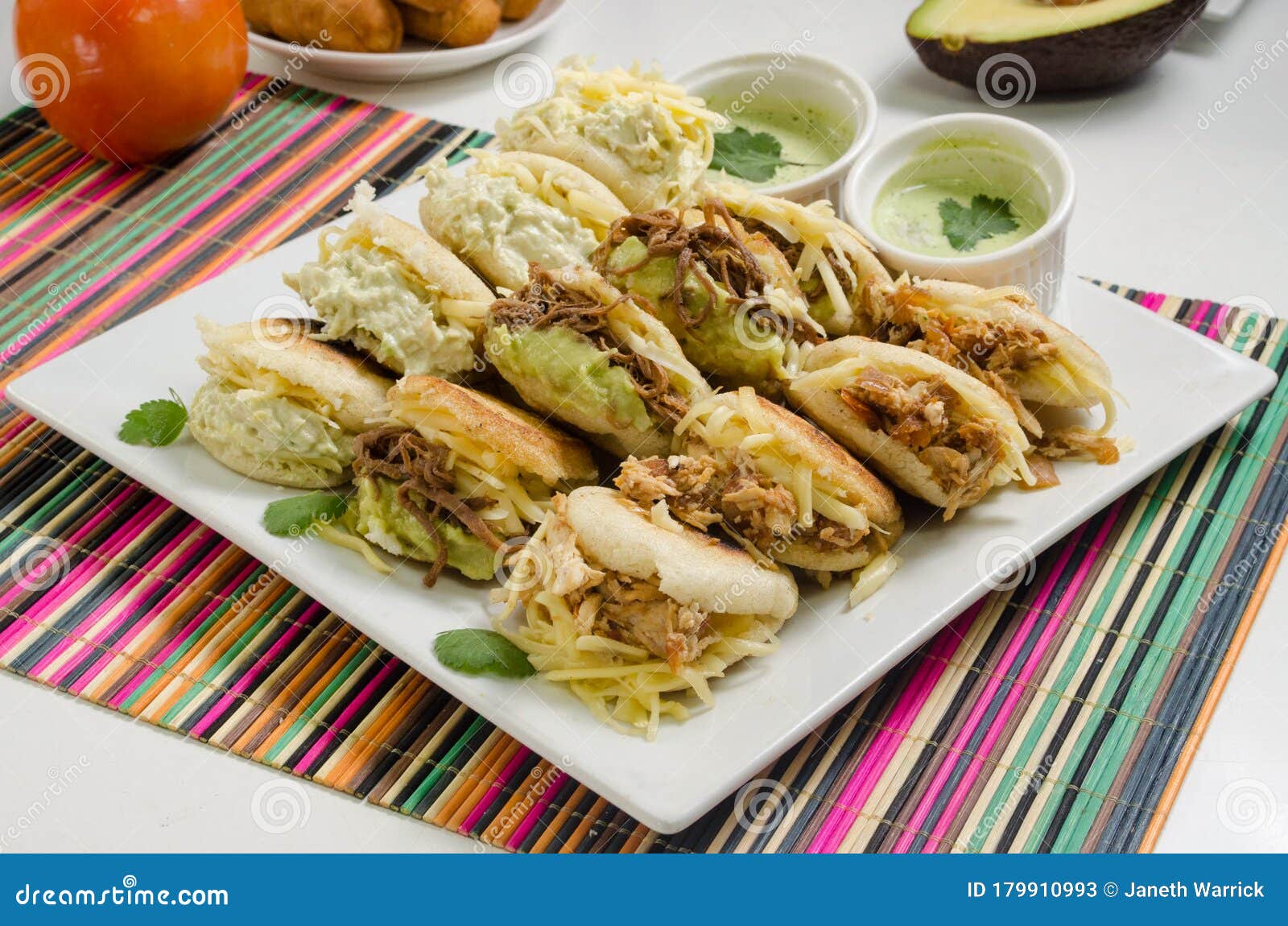 Venezuelan Food Dishes Set. Varied Arepas, Queen Pepiada, Dominoes ...