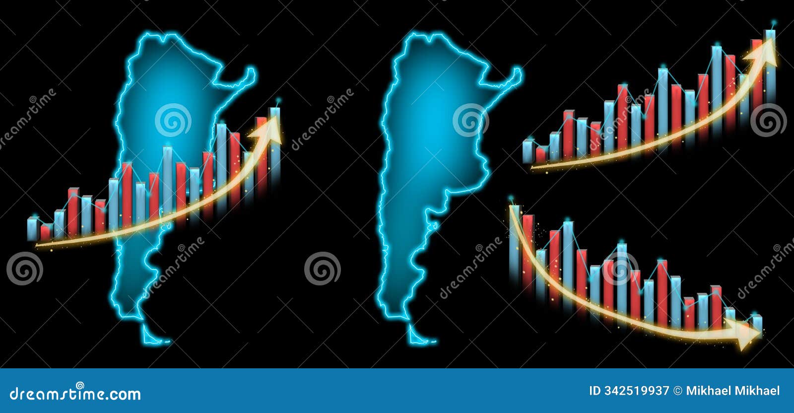 Argentina Map Blue Glow with Chart Inflation Increase and Down. Stock ...