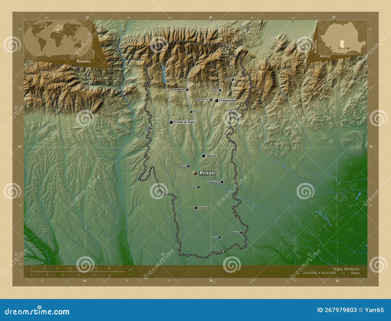 Arges, Romania. Physical. Labelled Points of Cities Stock Illustration ...
