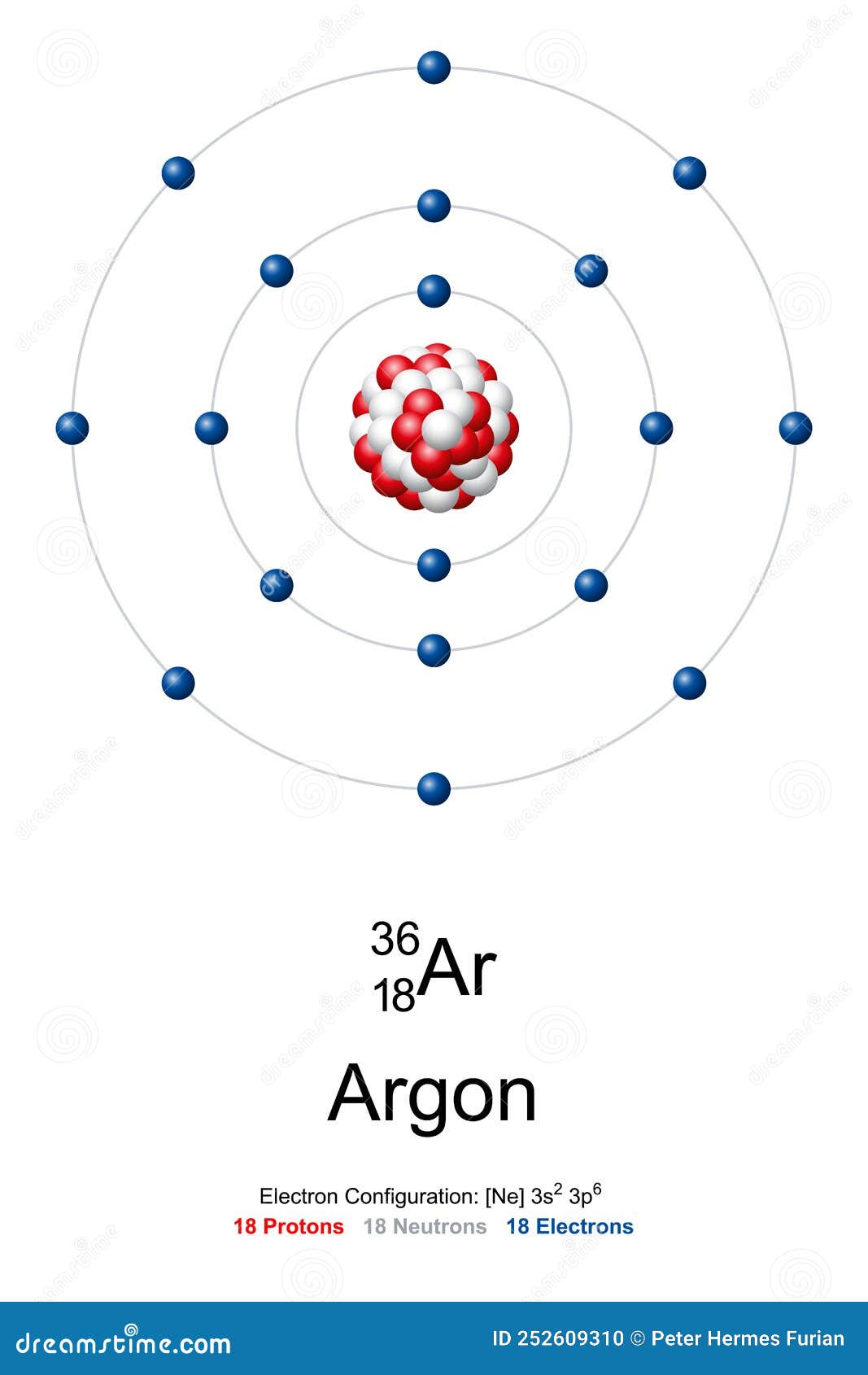 Argon, Atom Model of Argon-18 with 18 Protons, 18 Neutrons and 18 ...