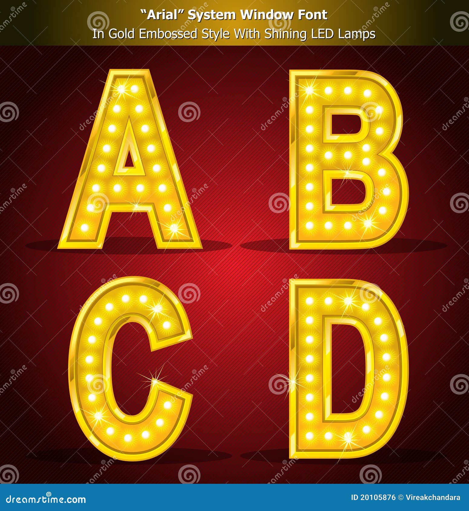 Arial Font in Gold Style with Shining LED Lamps Stock Vector ...
