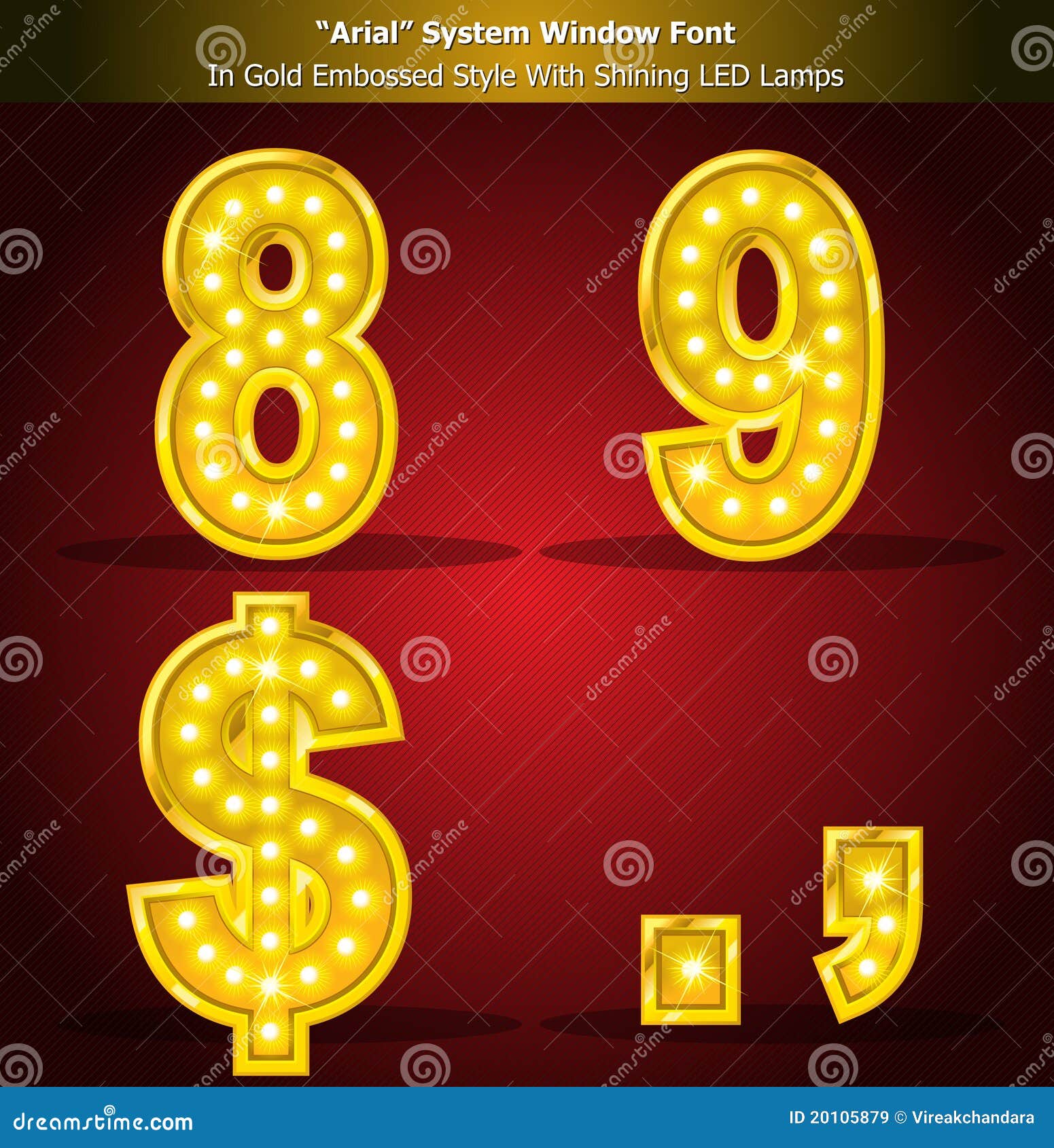 Arial Font in Gold Style with Shining LED Lamps Stock Vector ...
