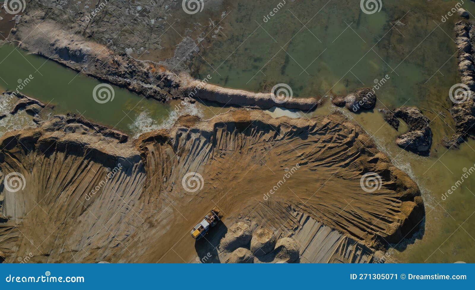 Arial View of Open Pit Sand Mine. a Front Loader Loads Sand from Piles ...