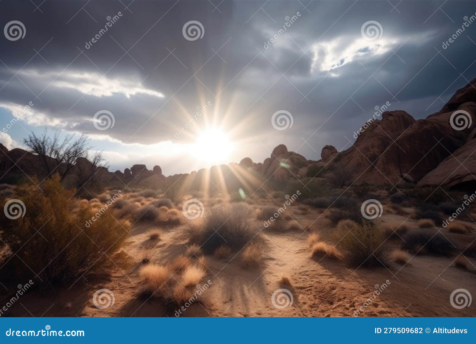 Arid Desert Landscape with Rock Formations and Sun Rays Shining through ...