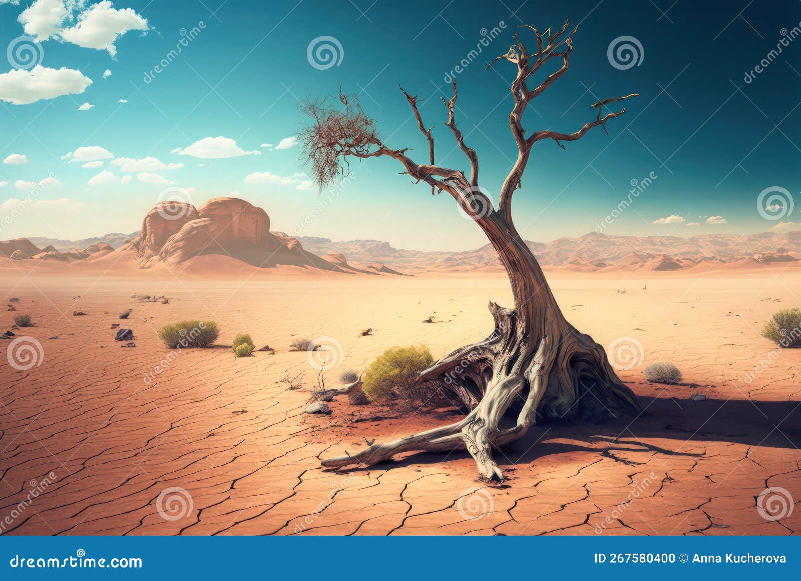 Arid Landscape with Dead Tree on Cracked Dried Soil, Drought Ecological ...