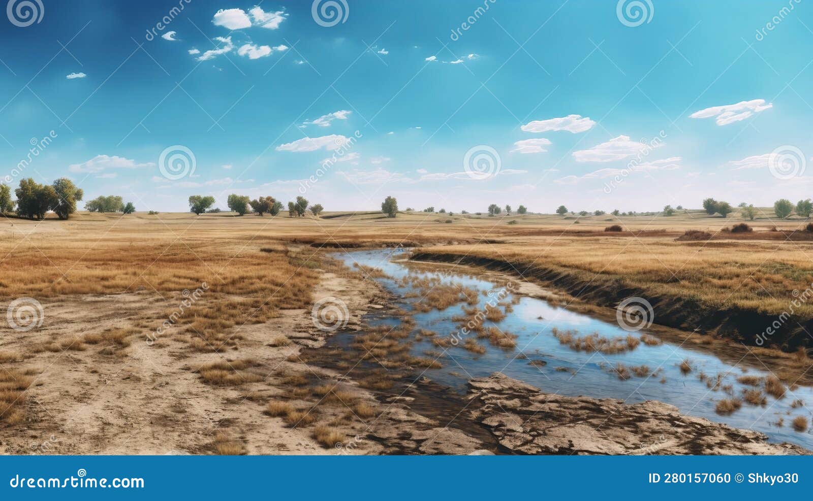 Arid Landscape and a River with Not Much Water and a Blue Sky - AI ...