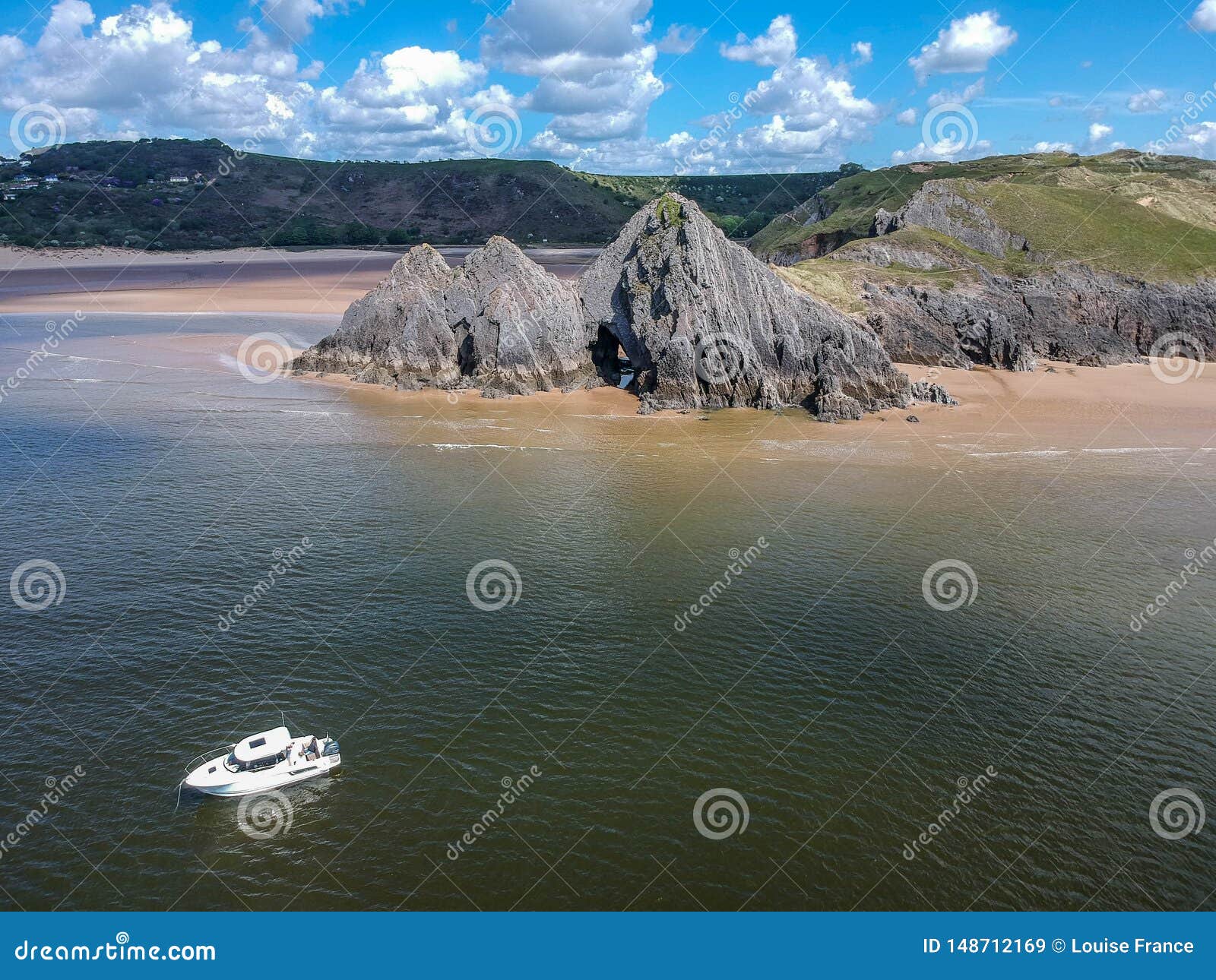 Ariel View of Boat in Front of Beach with Cliffs Stock Image - Image of ...