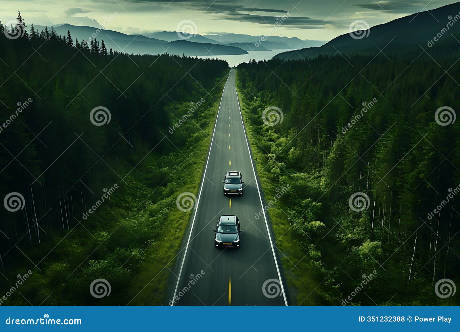Ariel View Car Driving On The Road In The Forest. 3d Rendering Stock ...