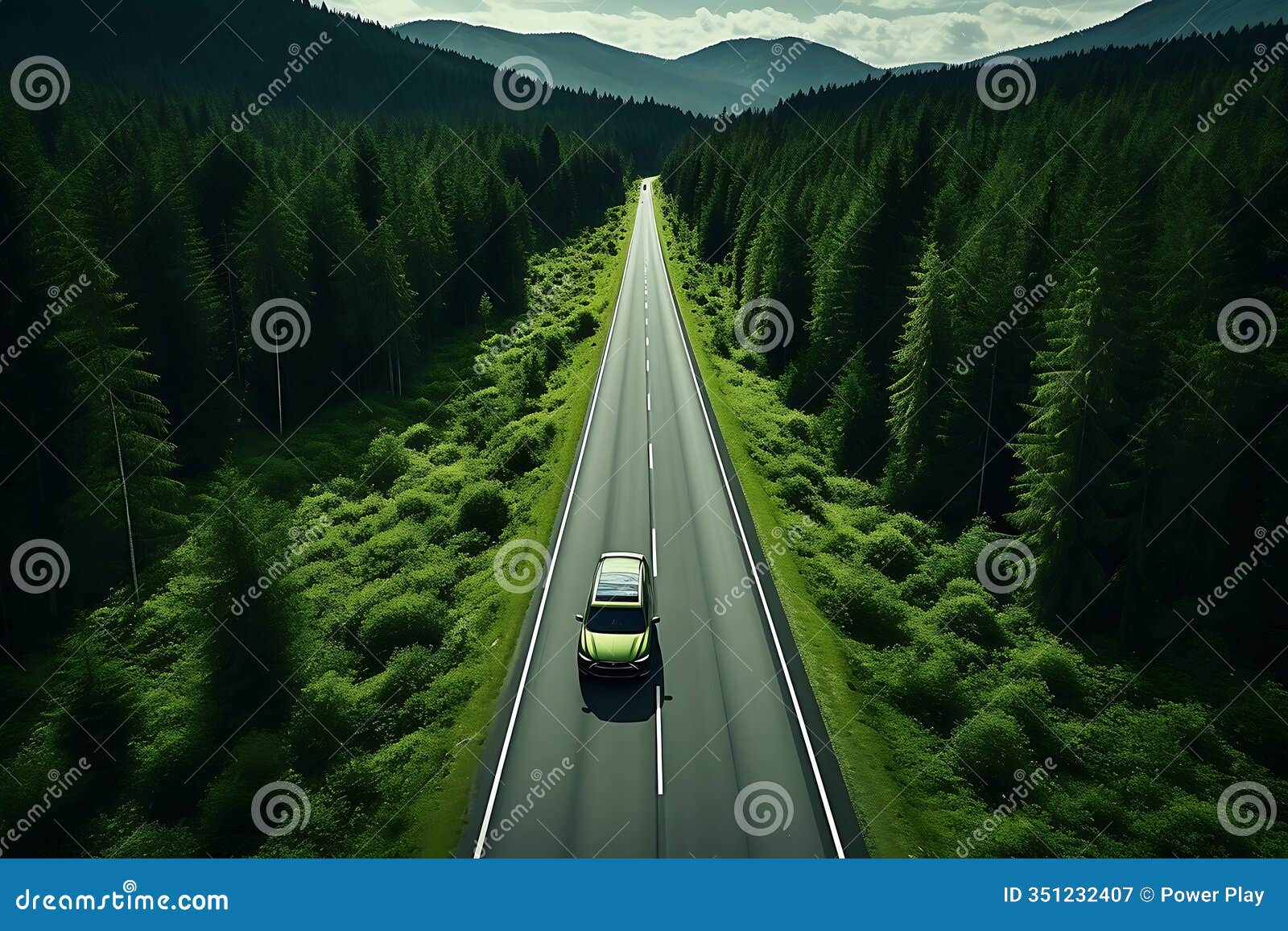 Ariel View Car Driving On The Road In The Forest. 3d Rendering Stock ...