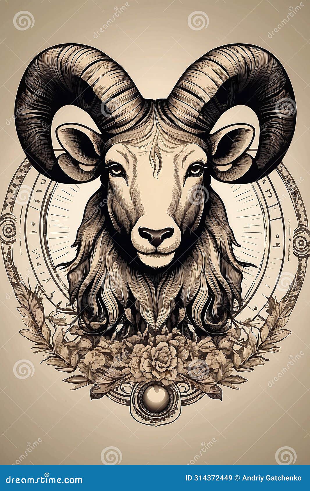 Aries Horoscope Sign Card in Style of an Old Engraving Stock ...