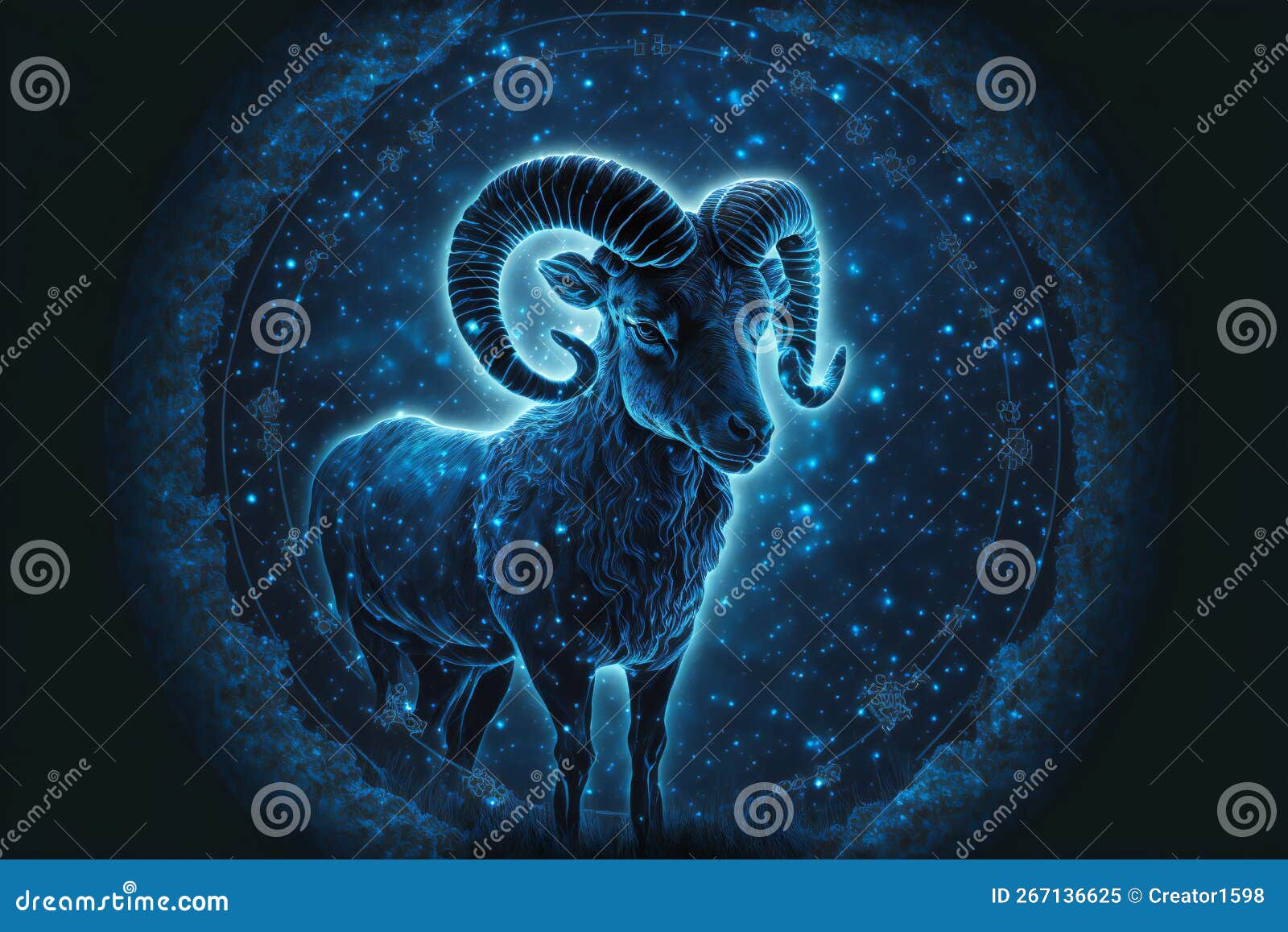 Aries Horoscope Sign in a Circle of Patterns on a Starry Glowing Sky ...
