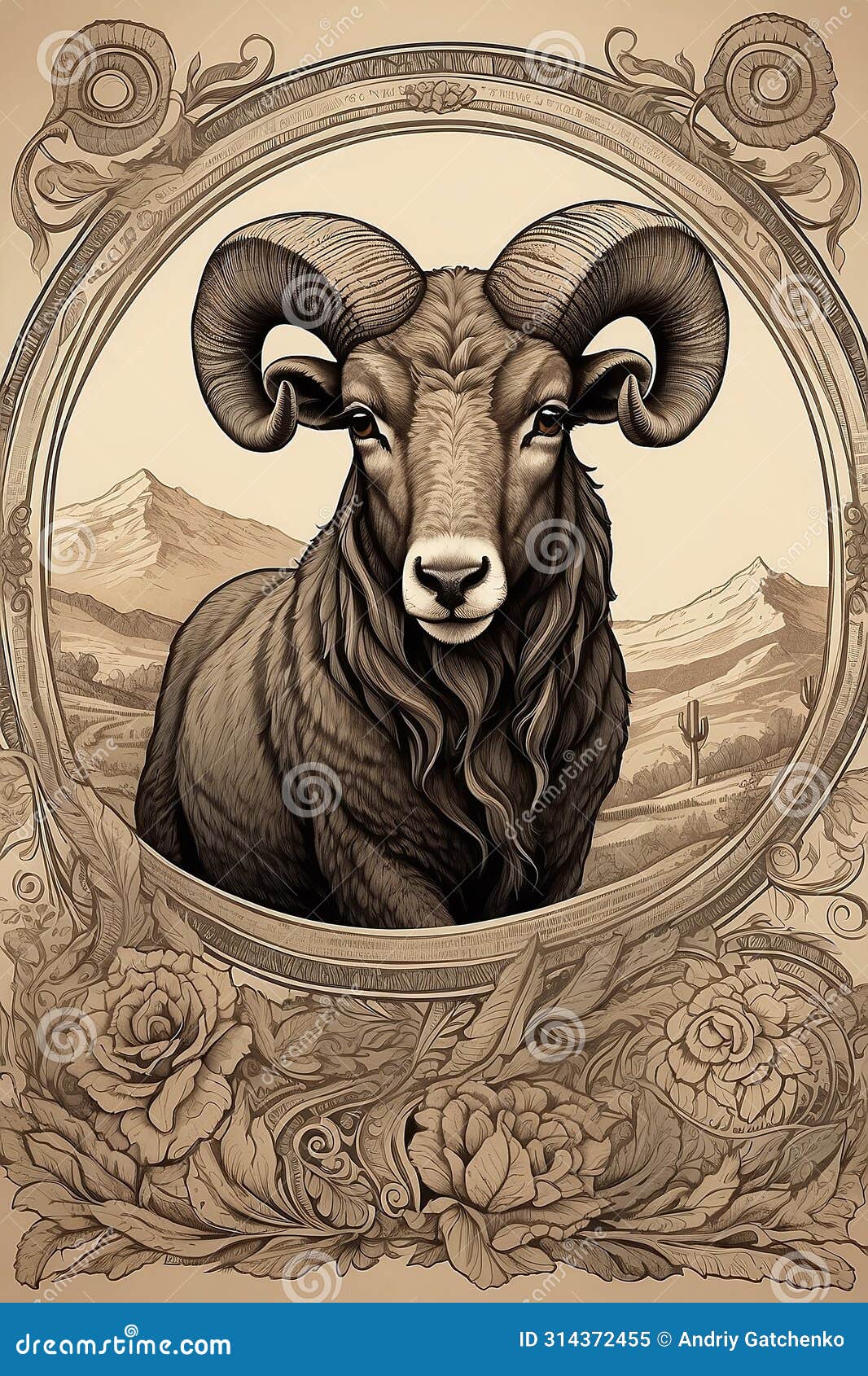Aries Horoscope Sign in Frame on a Card in the Style of an Old ...