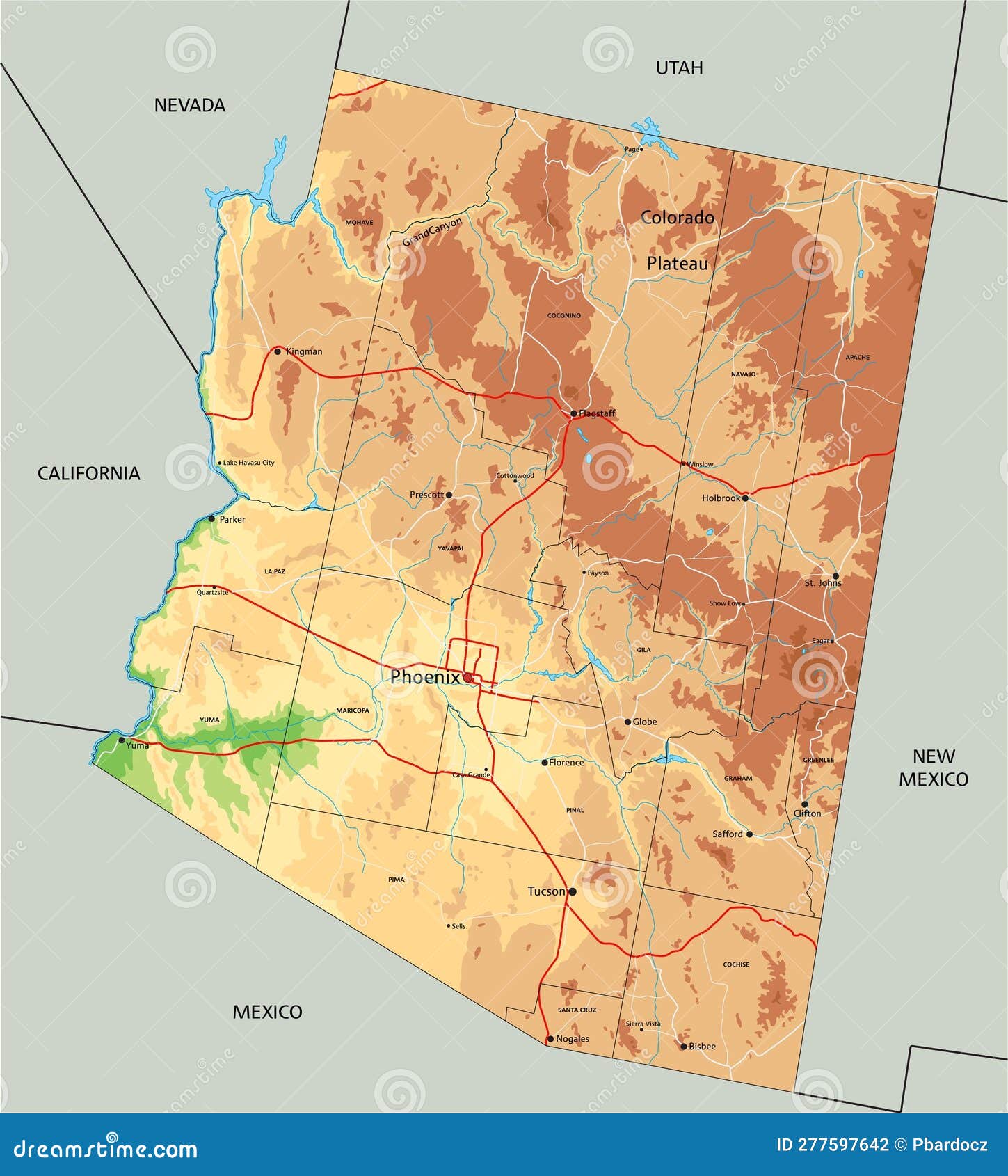 Detailed Arizona Physical Map with Labeling. Stock Vector ...