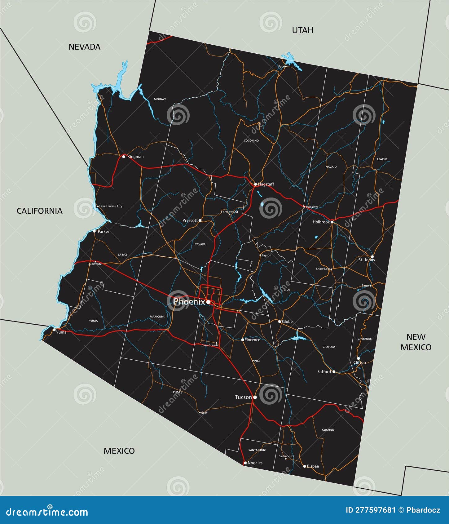 Detailed Arizona Road Map with Labeling. Stock Vector - Illustration of ...