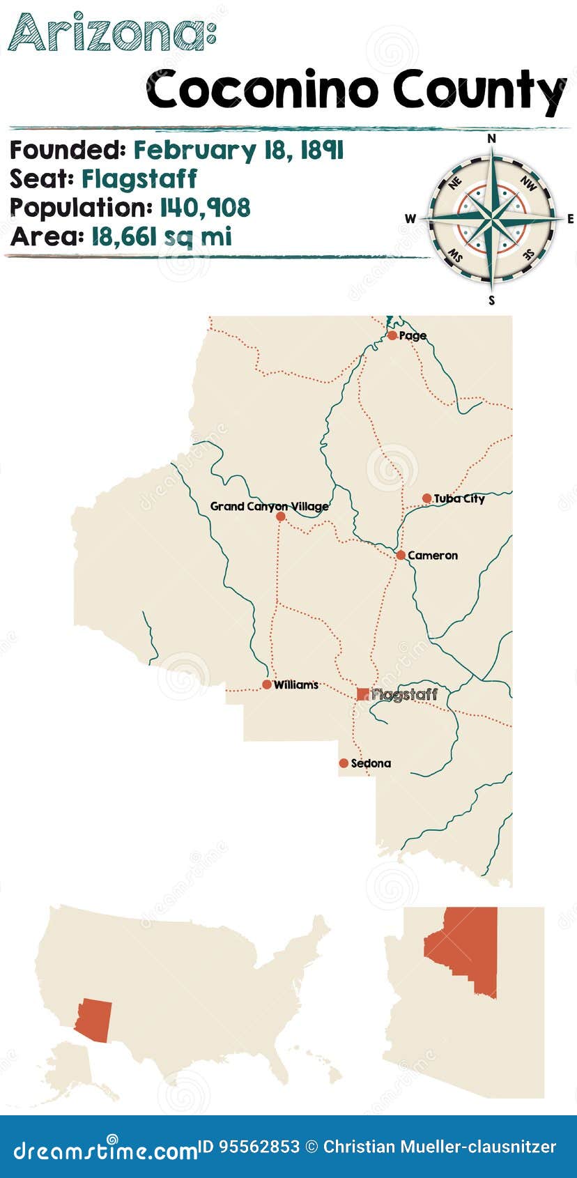 Arizona: Coconino county stock vector. Illustration of white - 95562853