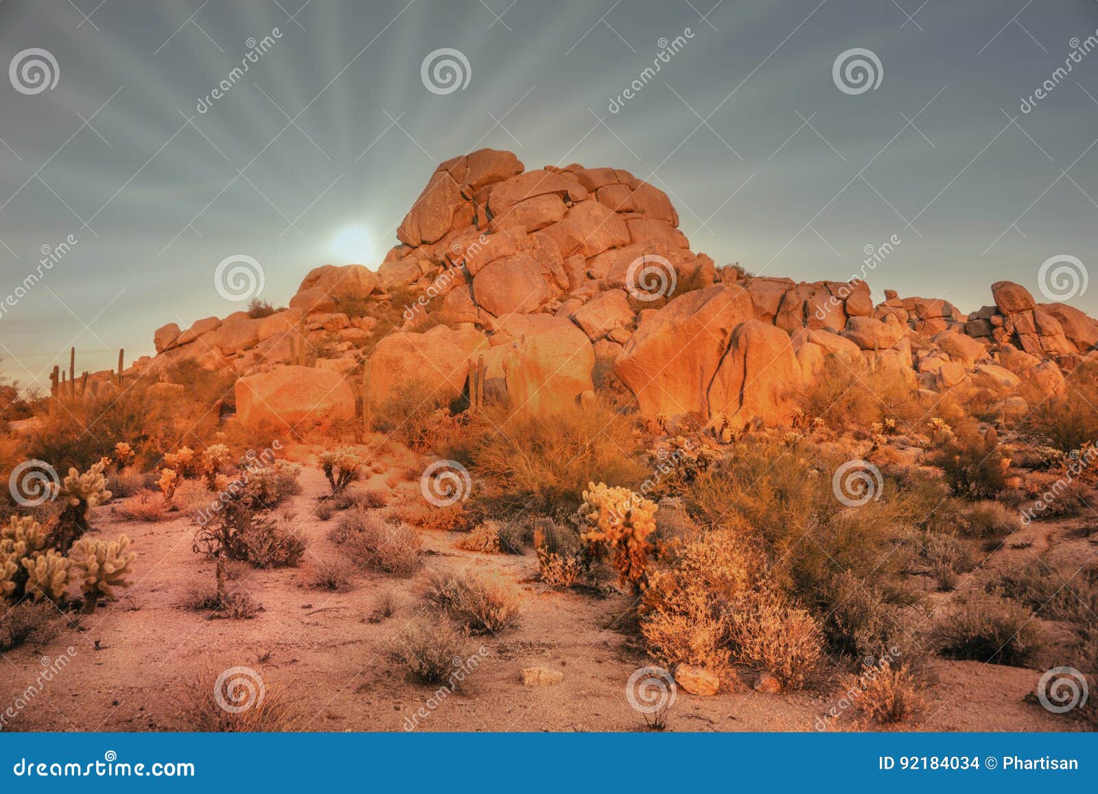 Arizona Desert Landscape with Sun Setting Stock Photo - Image of ...