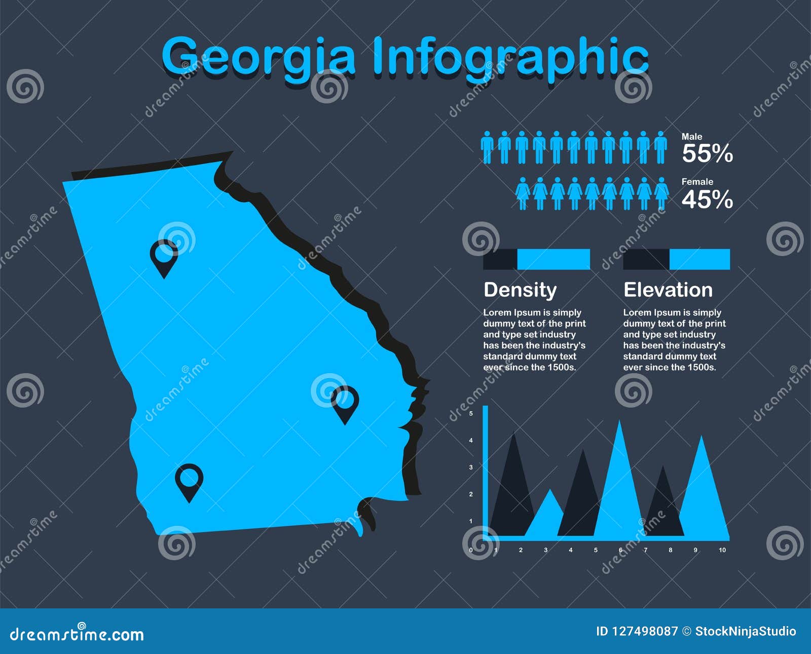 Georgia State USA Map with Set of Infographic Elements in Blue Color in ...