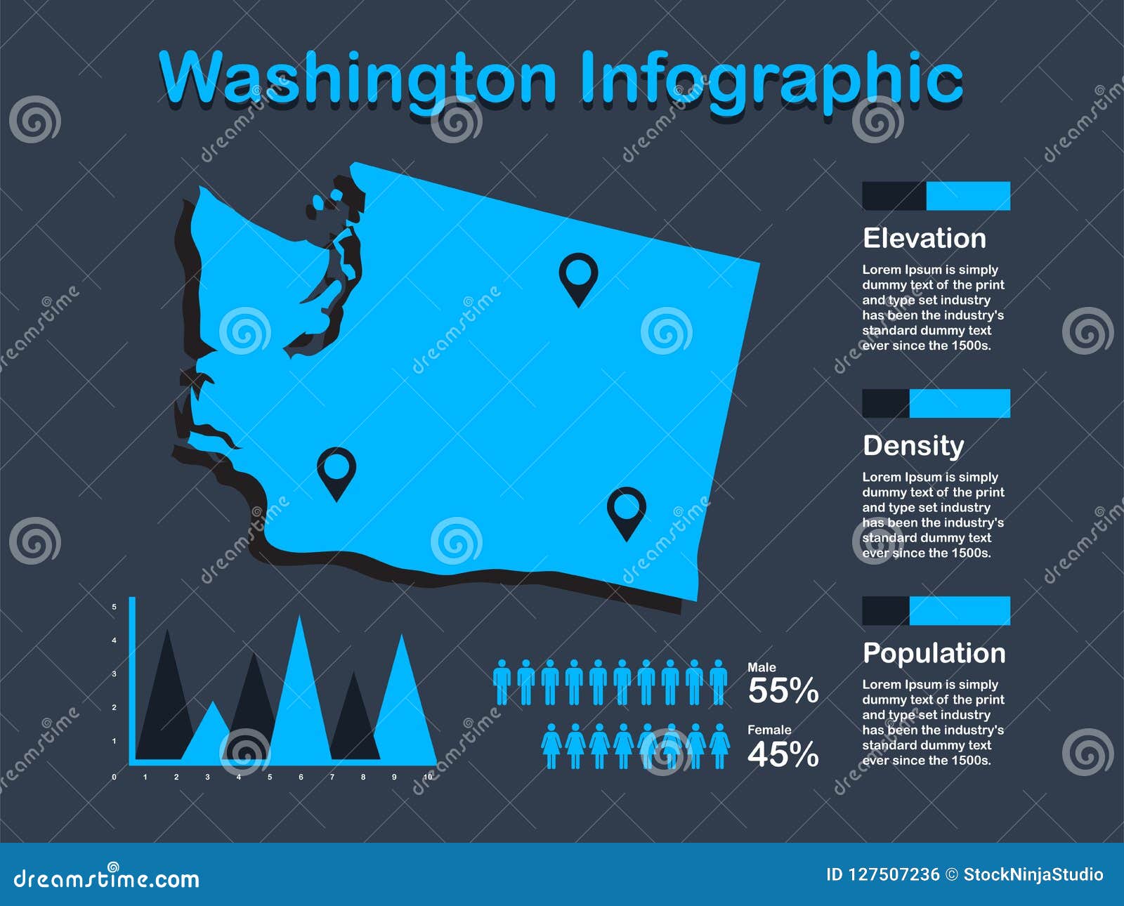 Washington State USA Map with Set of Infographic Elements in Blue Color ...